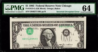 $1 1985 FRN INVERTED OVERPRINT ERROR - TYPE II Upside Down PMG Ch Unc ...