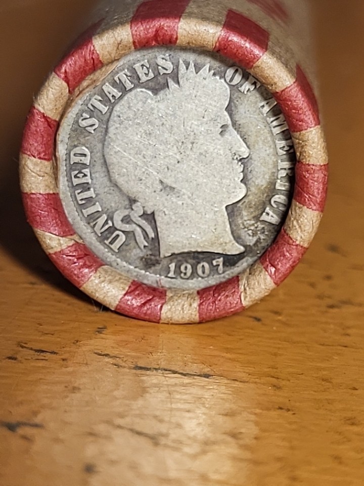 SILVER BARBER DIME Unsearched Old Wheat Penny Roll with Barber Dime End ...