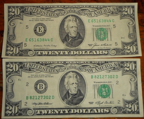 $20 Federal Reserve Notes Small Heads, 1985, 1993, AVG CIRC, FREE SHIP ...
