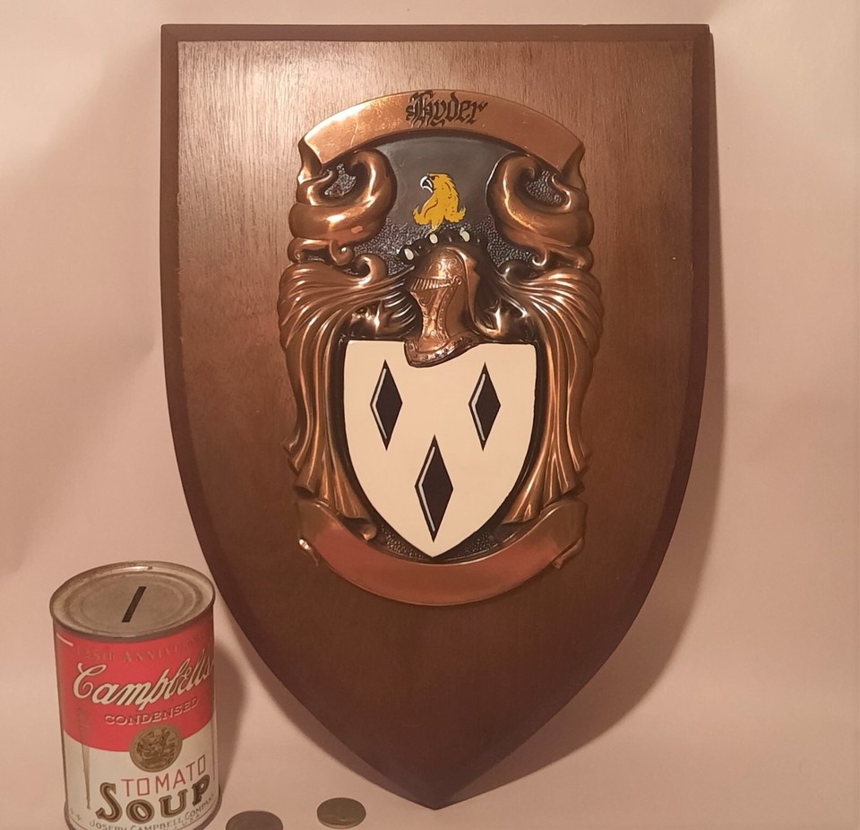HYDER vtg family crest coat of arms black diamond shield medieval ...