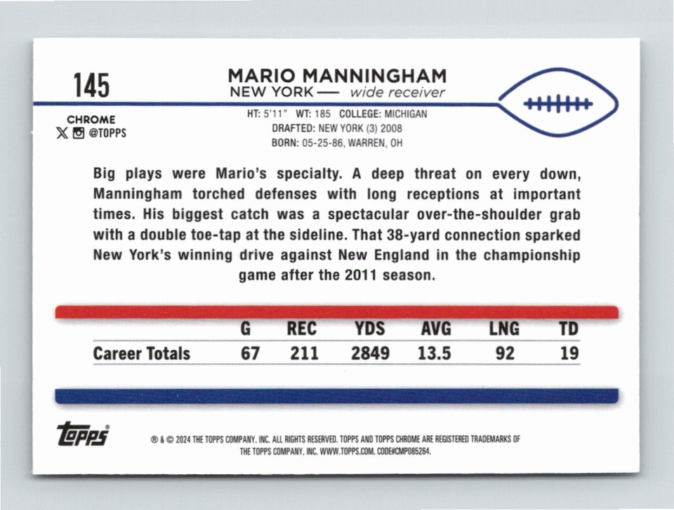 2024 Topps Chrome NFL X-FRACTOR New York Giants - Mario Manningham #145 ...