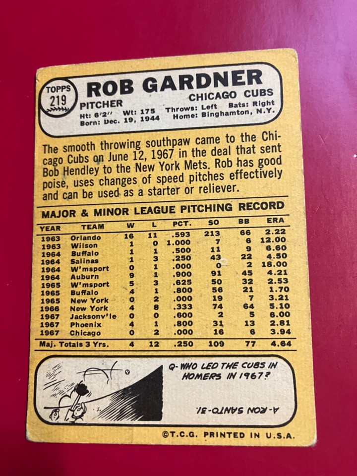 1968 Topps #219 Rob Gardner Chicago Cubs | eBay