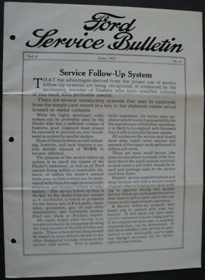 Original Ford Service Bulletin Vol 6 No 6 June 1925 Service Follow Up ...