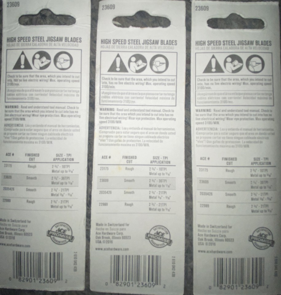 Lot of 3 ACE HARDWARE, U-Shank Thin Metal Jig Saw Blades, 23609/36TPI ...