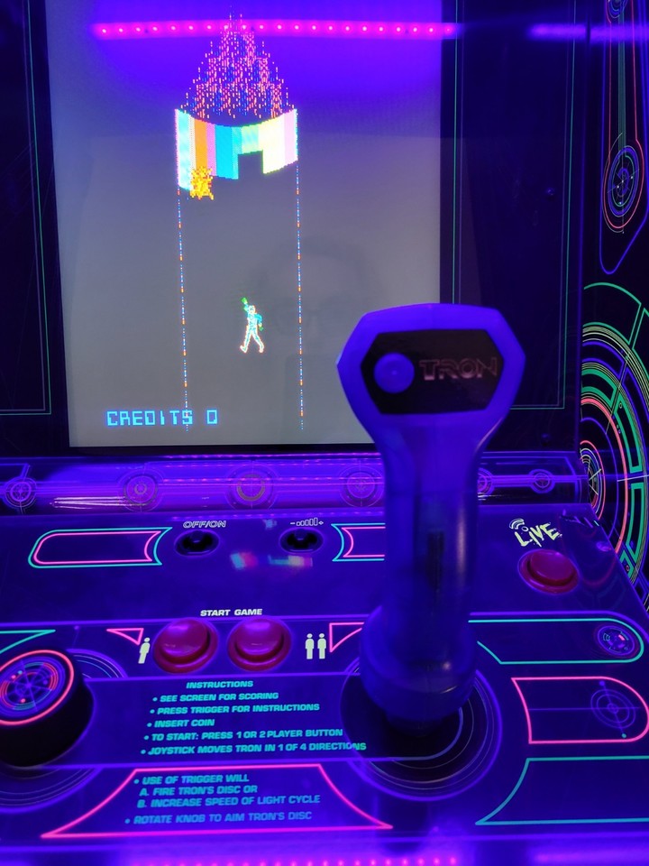 ARCADE1UP TRON CABINET W/STOOL + 'ENCOM' FAUX COIN DOOR AND 'RECOGNIZER ...