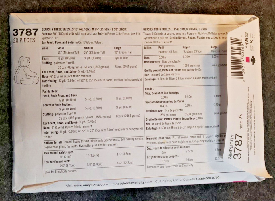 Teddy Bear Sewing Pattern Simplicity 3787 All Sizes Included Uncut ...