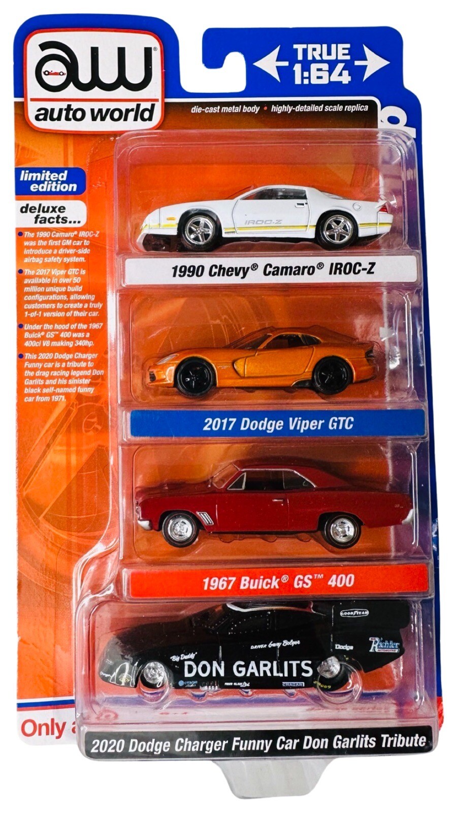2022 Auto World DELUXE 4-PACK R1 VB FUNNY CAR, IROC-Z, VIPER, GS 400 Target