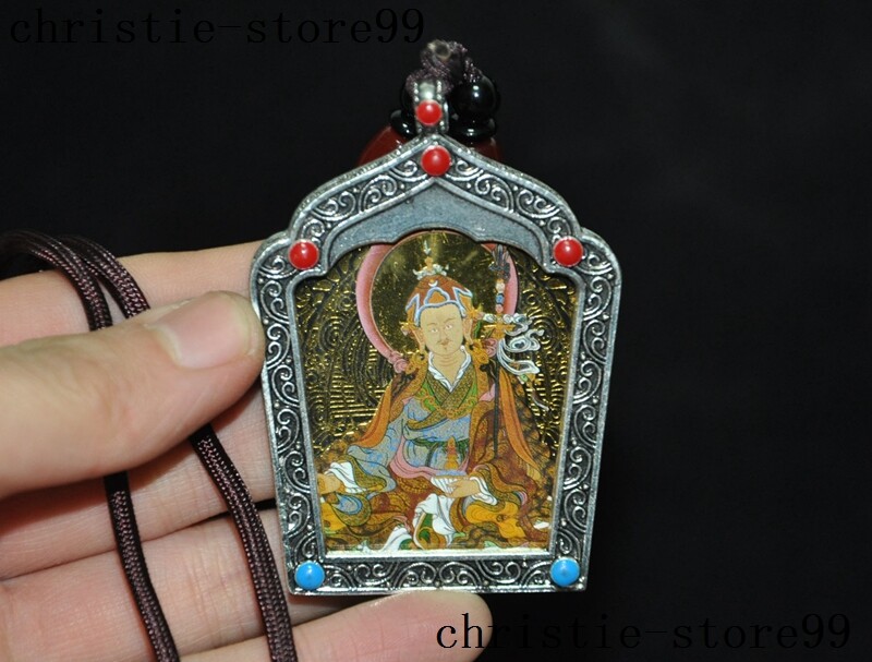Tibetan silver Inlay gem Guru Rinpoche Padmasambhava Buddha statue ...