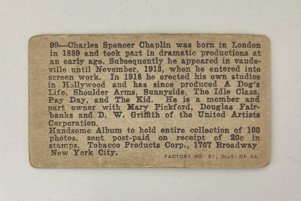 1922 Charlie Chaplin STROLLERS CIGARETTES #99 Card. T85 Biographies ...