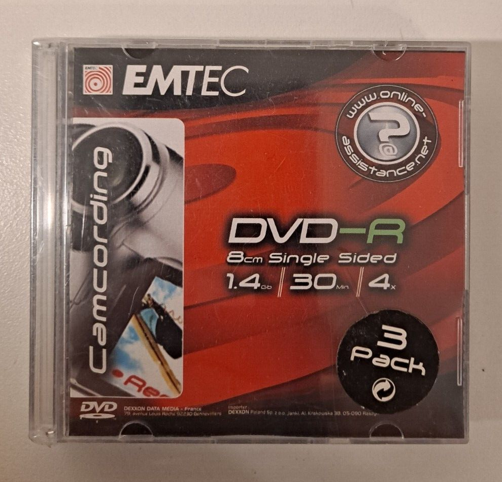 EMTEC DVD-R 8cm Single Sided 1.4GB 30 Minute 4X Camcording New Sealed 3 ...