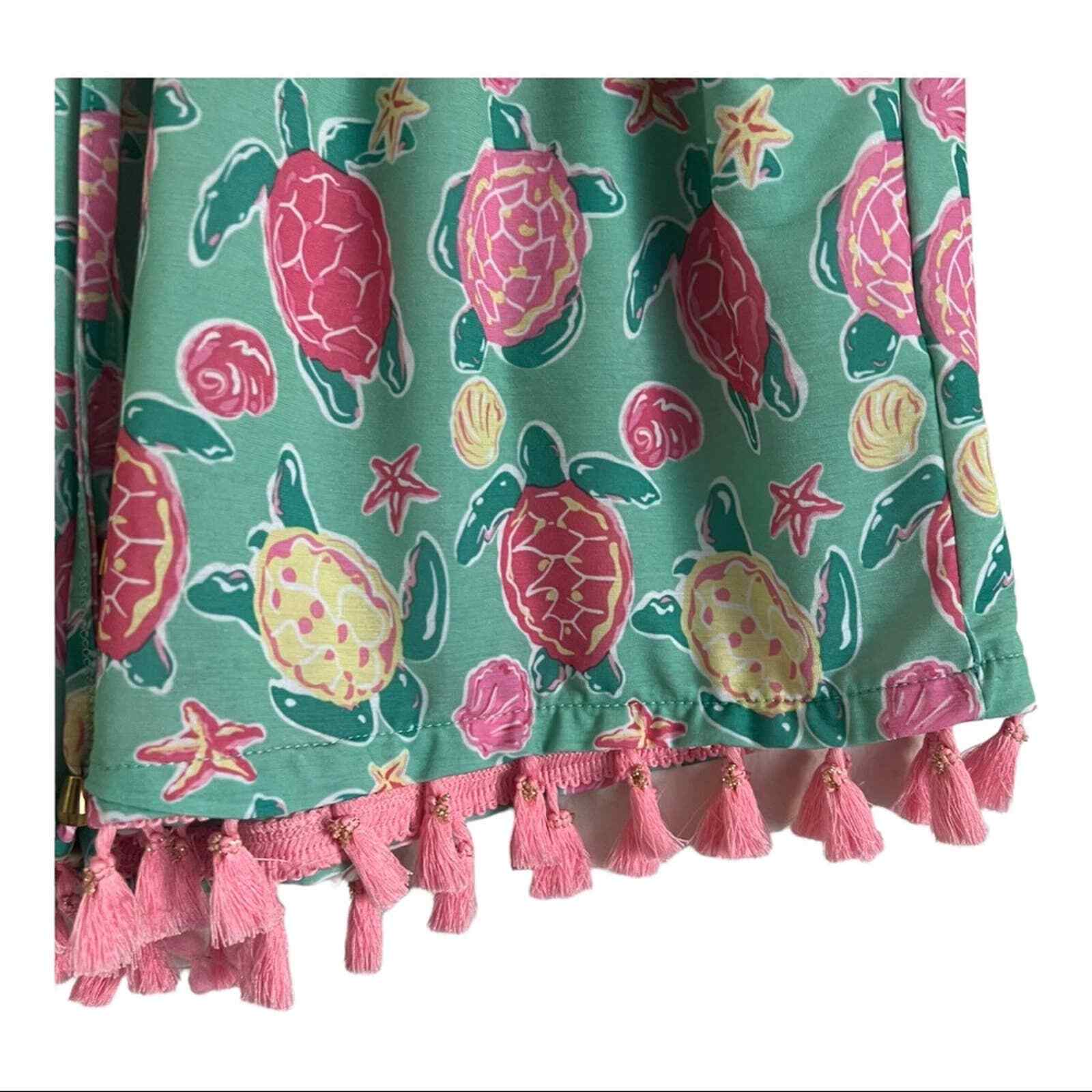 Simply Southern Turtle Print Pink Green Tassel Shorts… - Gem