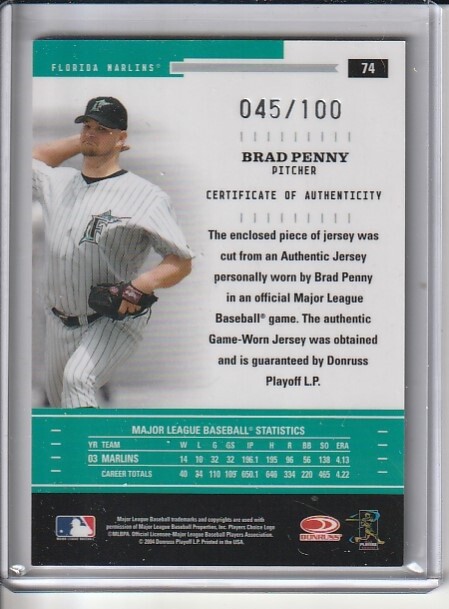 2004 Throwback Threads Brad Penny Material Jersey Card #74 (45/100) | eBay