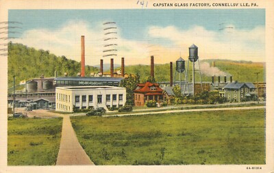 Connellsville, PA Postcard Capstan Glass Factory, Vintage 1941 divided ...