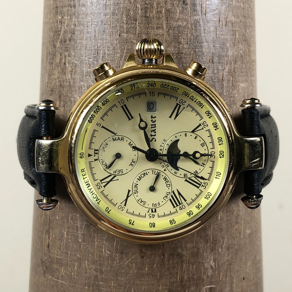 Stauer Mens Chronograph Date Black Leather 39mm Automatic Analog Watch ...