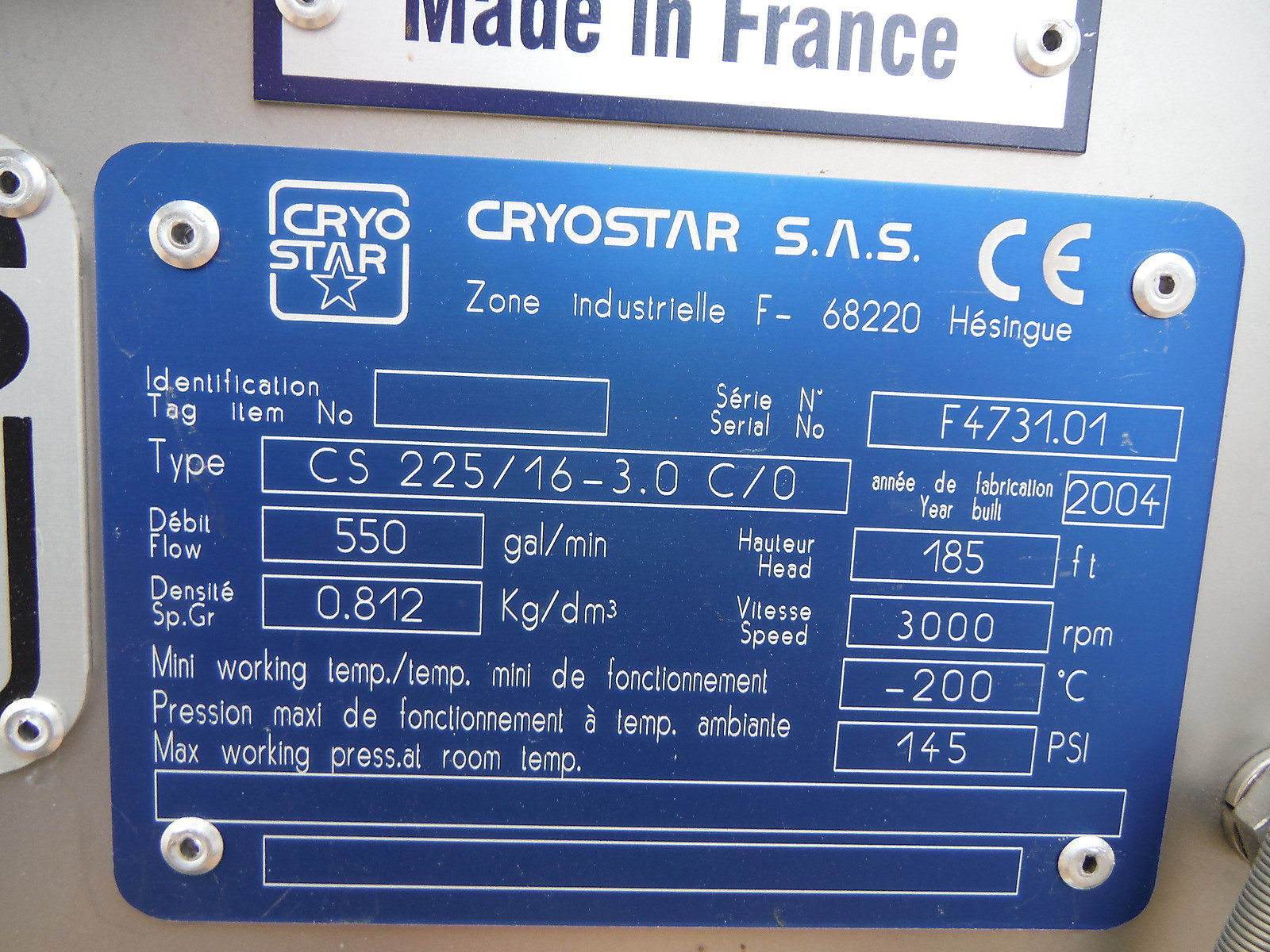 Cryostar S.A.S. Liquid Nitrogen Pump CS 225/ 16-3.0 C/0 Pump/ Motor ...