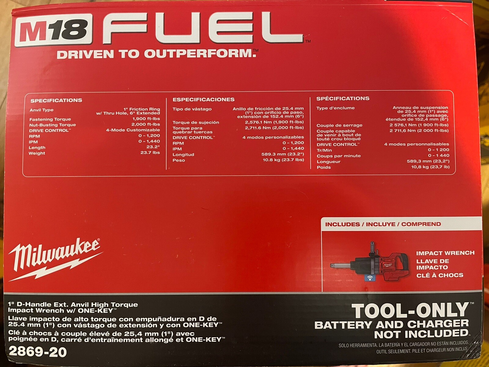 Milwaukee 2869-20 M18 FUEL 18V 1" D-Handle Anvil High Impact Wrench ...