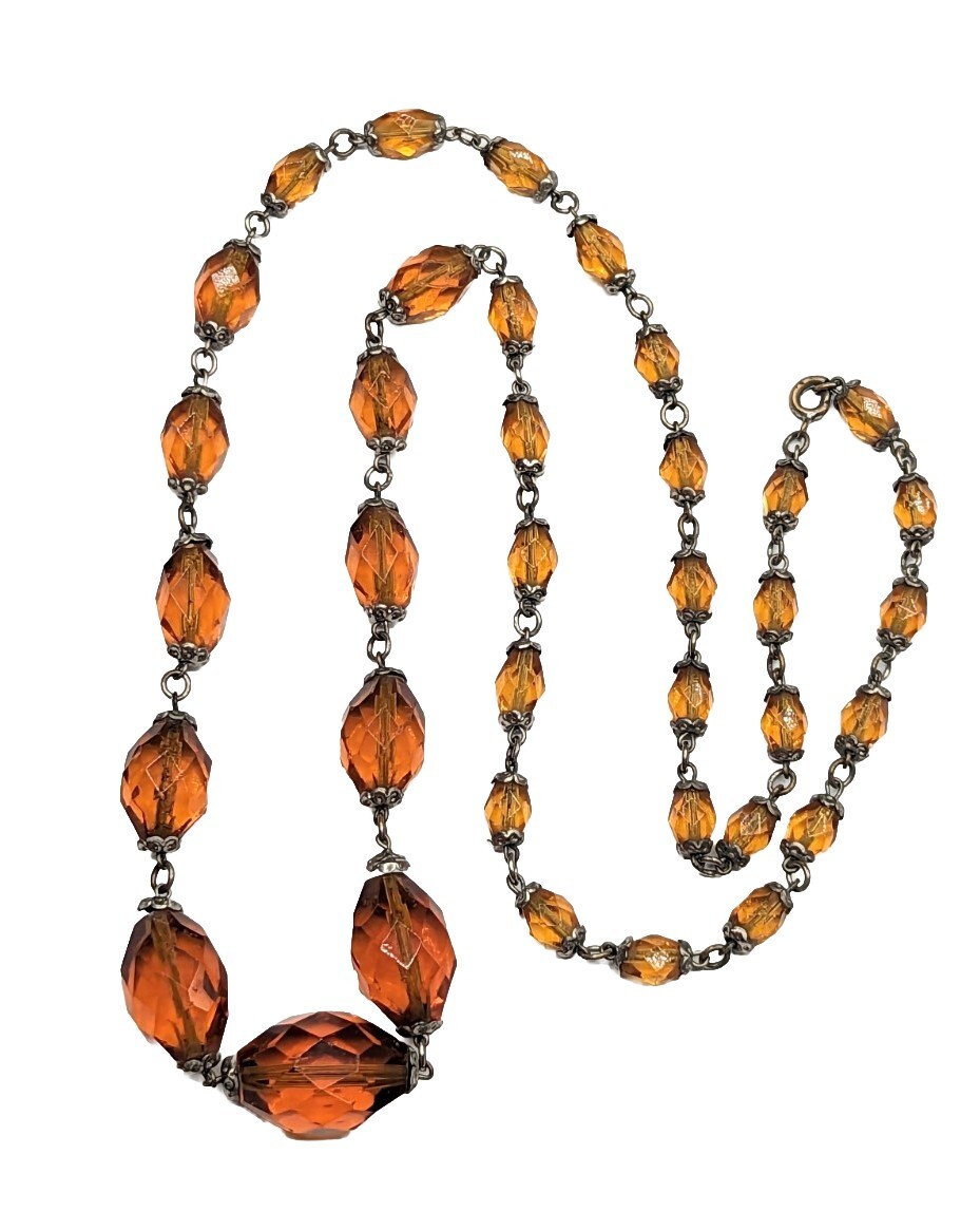 Old Art Deco Faceted Amber Czech Glass Graduated Bead… - Gem