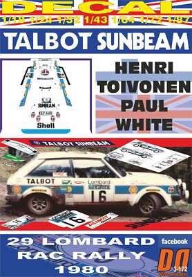 DECAL TALBOT SUNBEAM LOTUS HENRI TOIVONEN RAC RALLY 1980 WINNER (06 ...