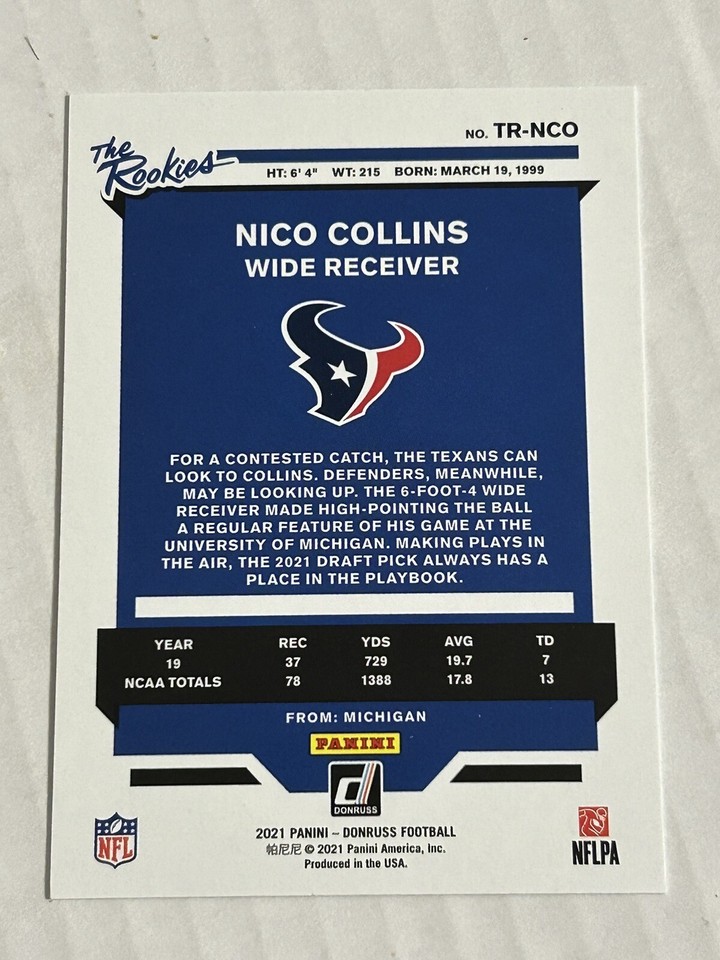 2021 Panini Donruss Nico Collins RC The Rookies Insert Card #TR-NCO ...