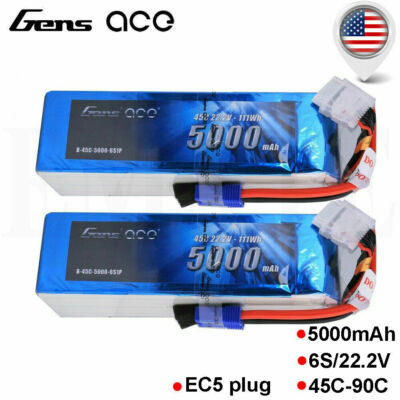 2 Packs Gens Ace 5000mAh 45C 22.2V Lipo 6S Battery for RC Helicopter ...