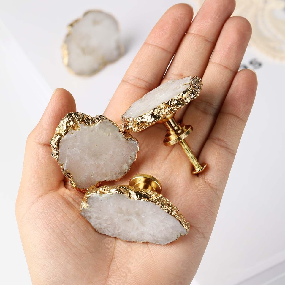 White Geode Cabinet Knobs Crystal Stone Drawer Knobs Handles Decorative Gold ... | eBay