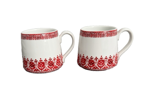 Pottery Barn Tahoe Fair Isle Stoneware Mugs 2 Red White 16 oz Nordic ...