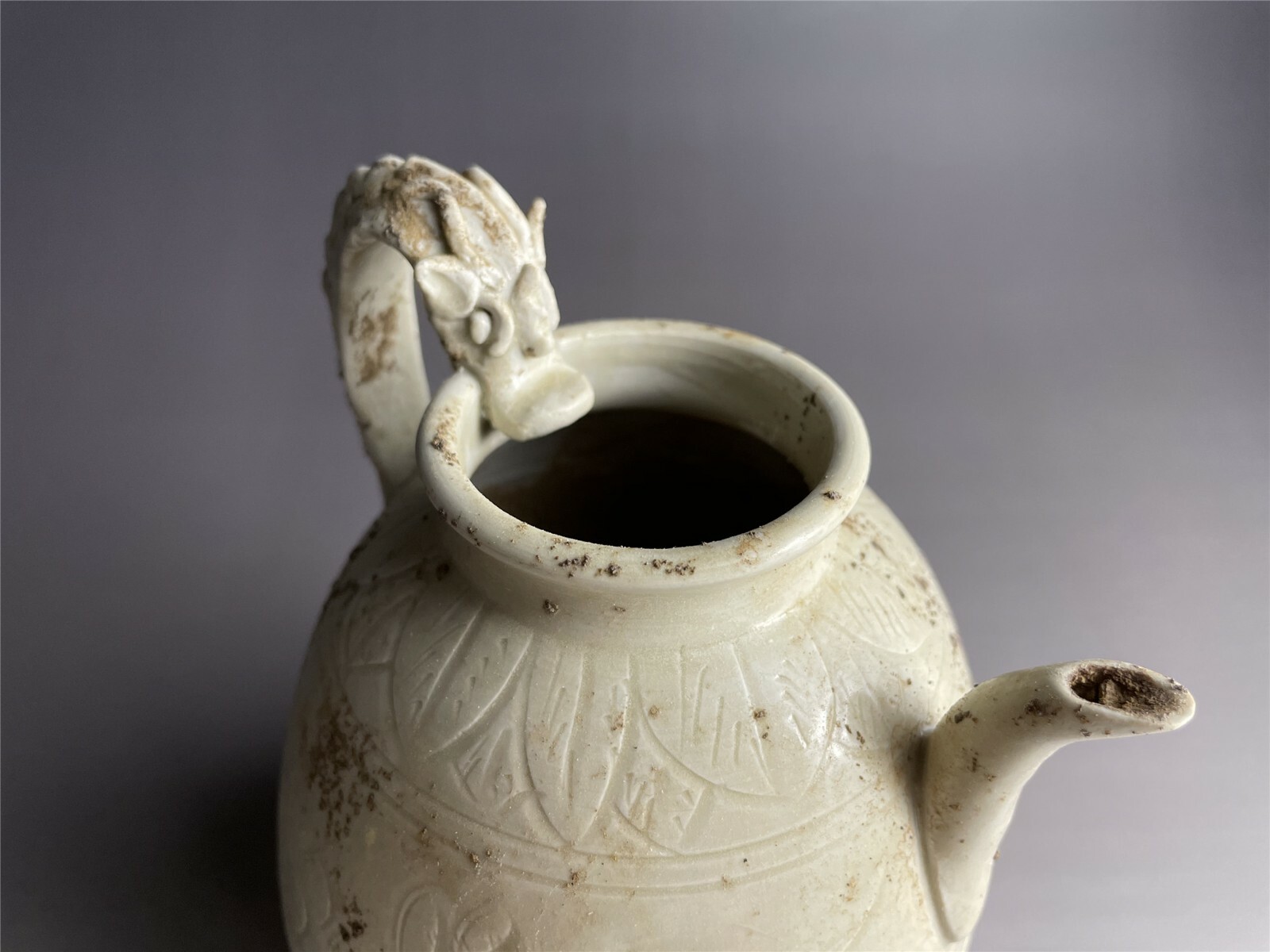 Rare Chinese porcelain Ding kiln carved flower design dragon handle pot ...