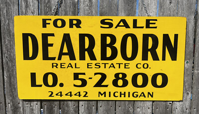 Vtg 1950's Dearborn Real Estate Co. Wood Ad Sign 32” x16” Double Sided ...