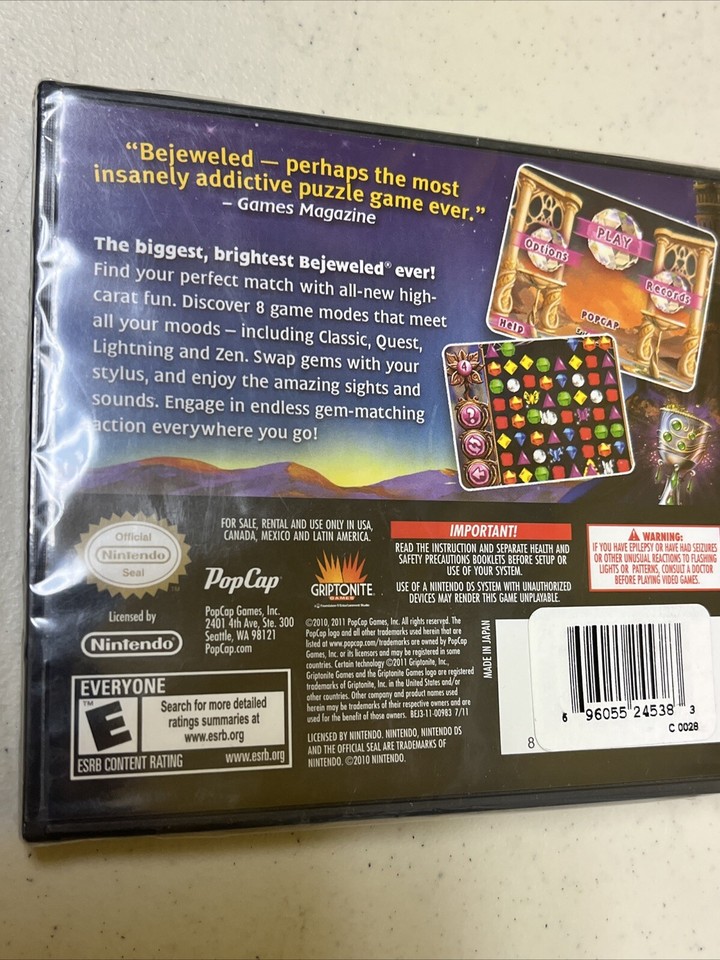 Nintendo DS Bejeweled 3 Video Game Cartridge NEW SEALED Popcap Puzzle ...