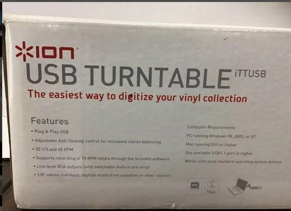 Ion USB Turntable ITTUSB Digitize Vinyl Record Player Recorder Mint In ...