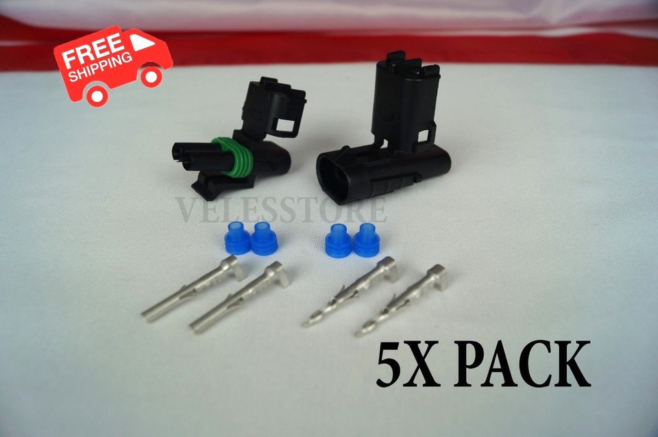 Delphi Weather Pack 2 Pin Sealed Connector Kit 16-14 GA !!!5 COMPLETE ...