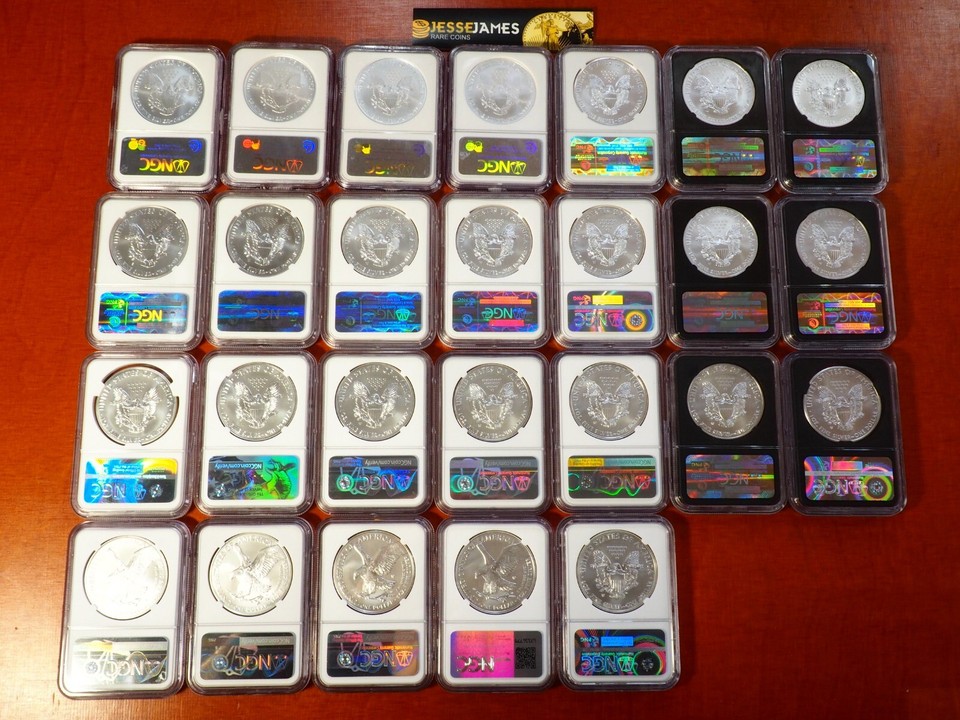 2006 - 2024 W BURNISHED SILVER EAGLE NGC MS70 W/ ANNUAL DOLLAR COIN ...