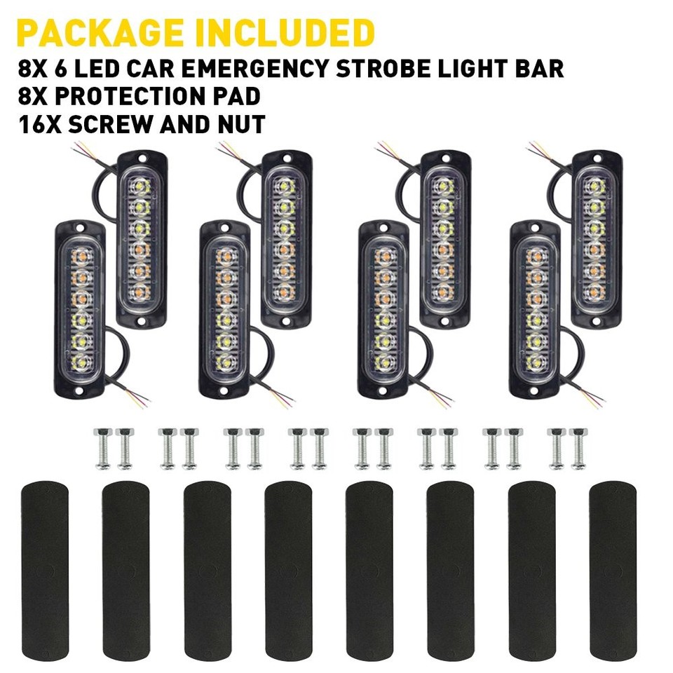 Amber/White LED Side Marker Flash Emergency Strobe Light Bar Kit Car ...
