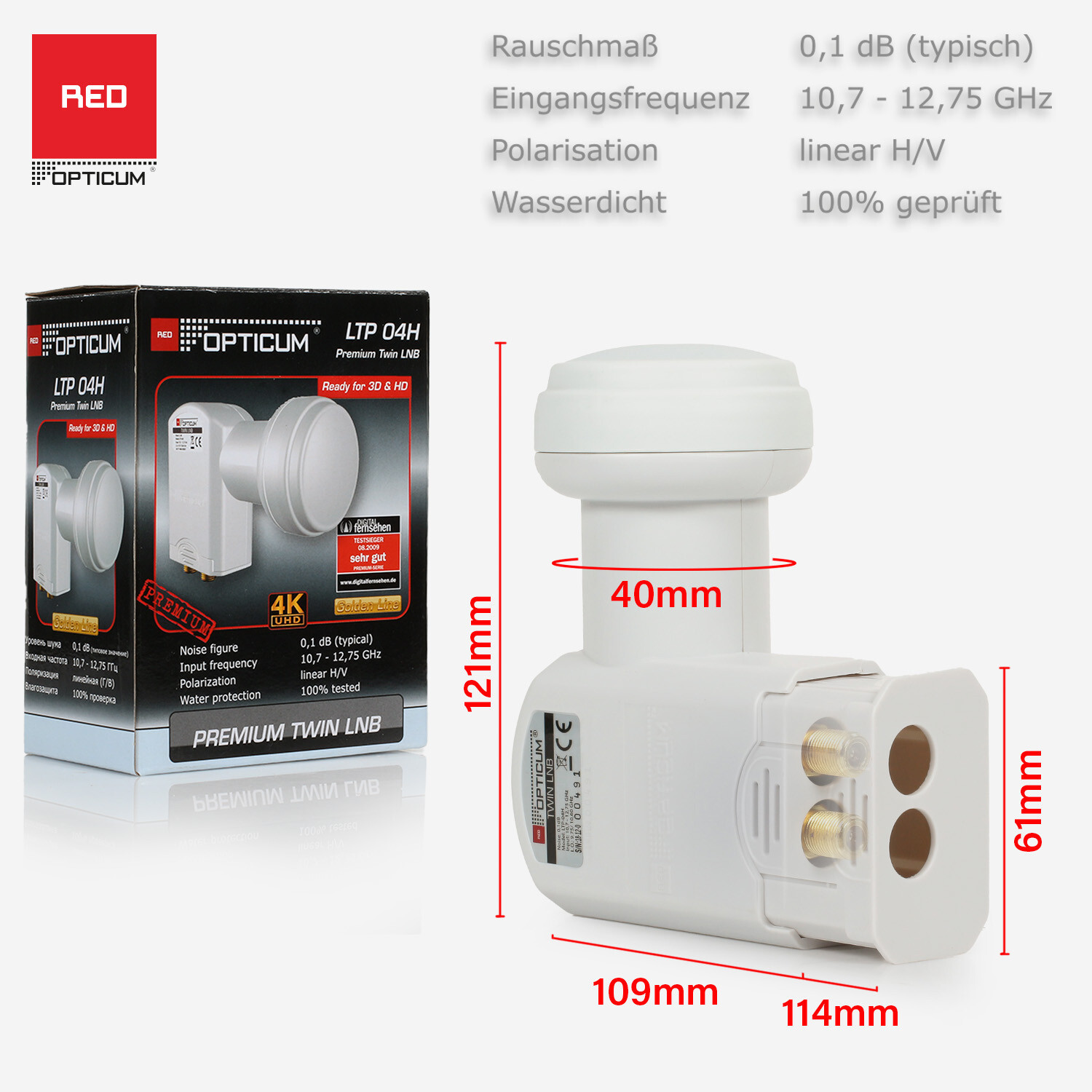 Twin LNB für 2 Receiver DIGITAL Opticum Red 0,1db TV SAT Kopf 8K UHD 3D ...