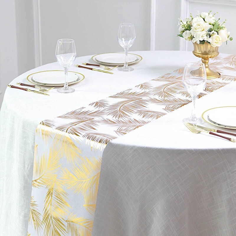 White 11x108 in Non Woven Fabric TABLE RUNNER Gold Metallic Leaves ...
