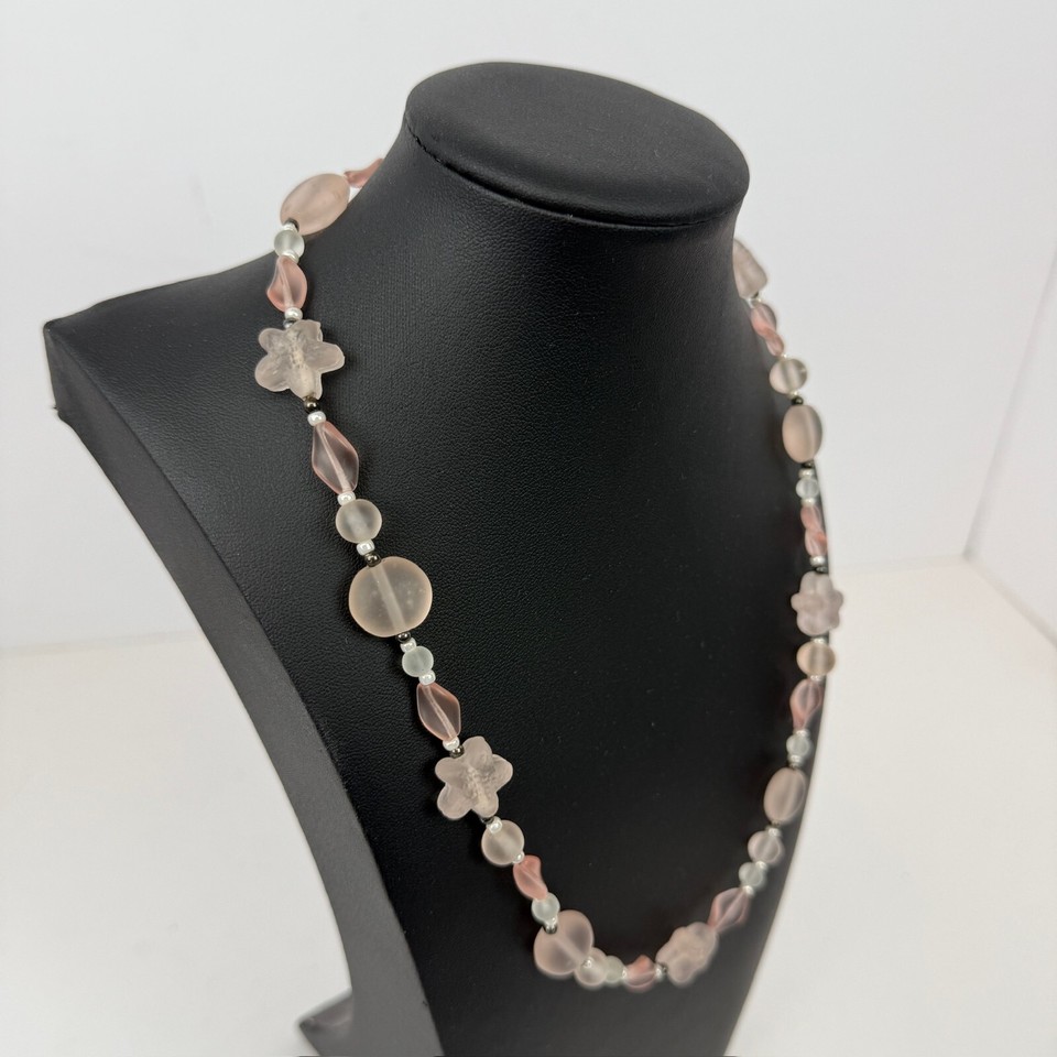 Frosted Rose Quartz Lucite Beaded Necklace Flower 925 Silver Toggle ...
