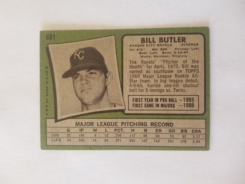 BILL BUTLER 1971 TOPPS BASEBALL CARD #681 KANSAS CITY ROYALS | eBay