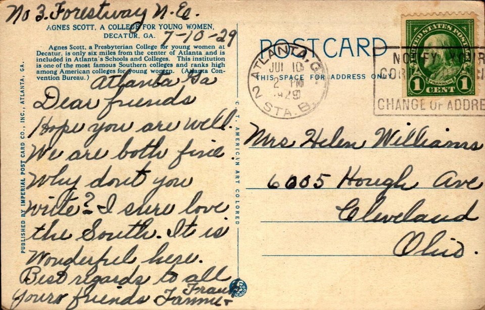 VINTAGE POSTCARD- AGNES SCOTT COLLEGE FOR YOUNG WOMEN, DECATUR, GA BK49 ...