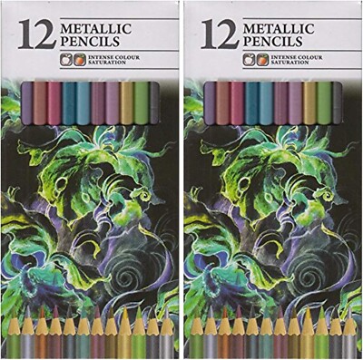 2 PK Of 12 Intense Colour Metallic Artist Colouring Pencils Assorted ...