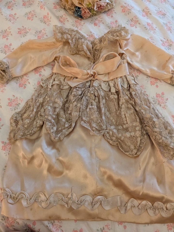 Antique 1800s Shattered Silk Lace Dress 17" Hat French German Doll ...