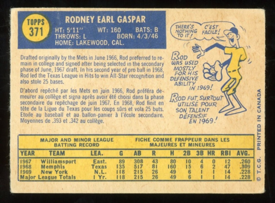 1970 TOPPS OPC O PEE CHEE BASEBALL #371 Rod Gaspar VG-EX NEW YORK N Y ...