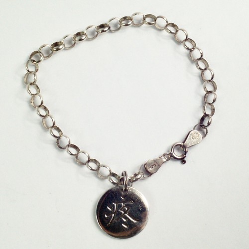 Sterling silver rolo chain charm bracelet with Chinese Hanzi love charm ...