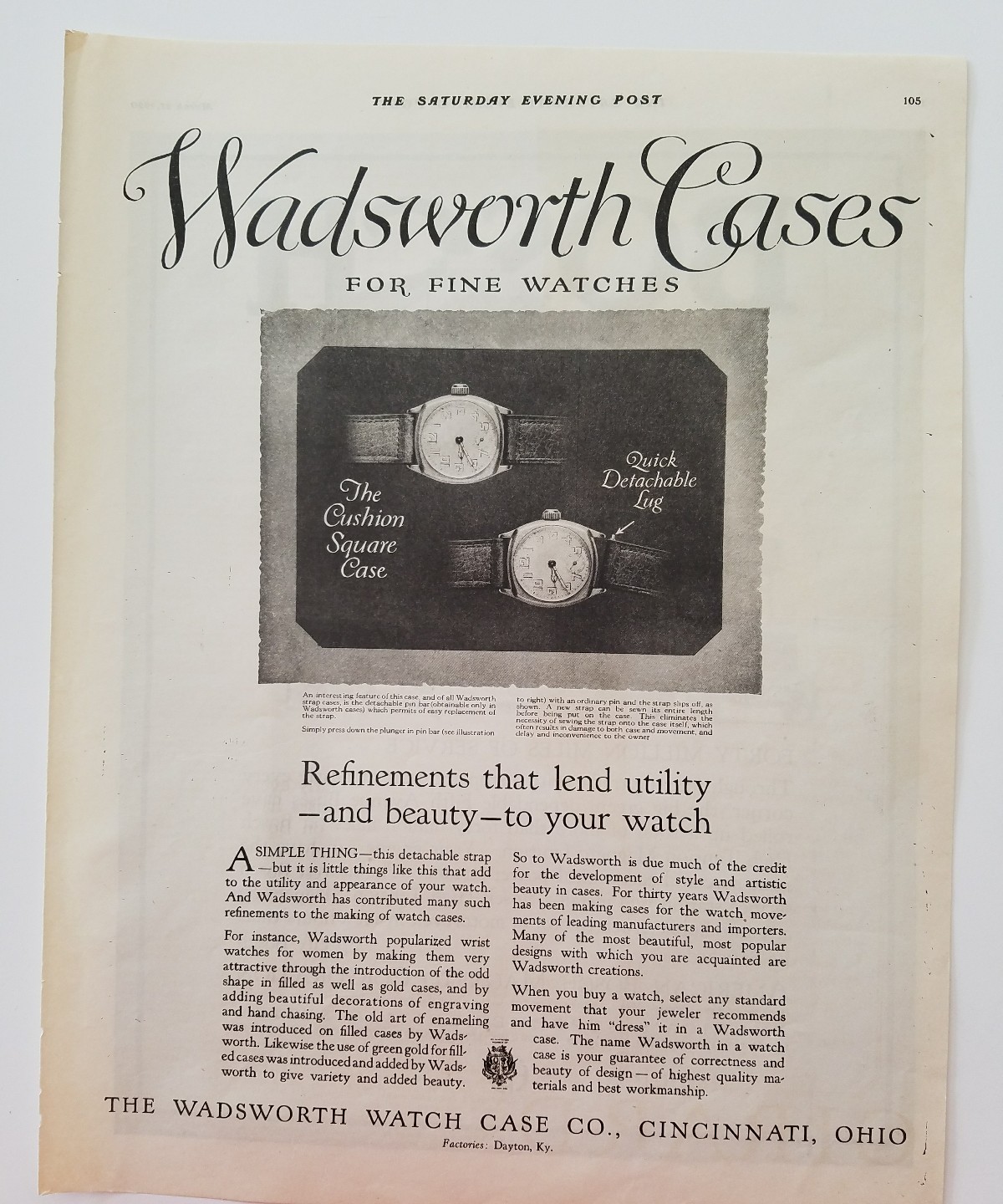 1920 vintage Wadsworth fine watch case utility and Beauty detachable ...
