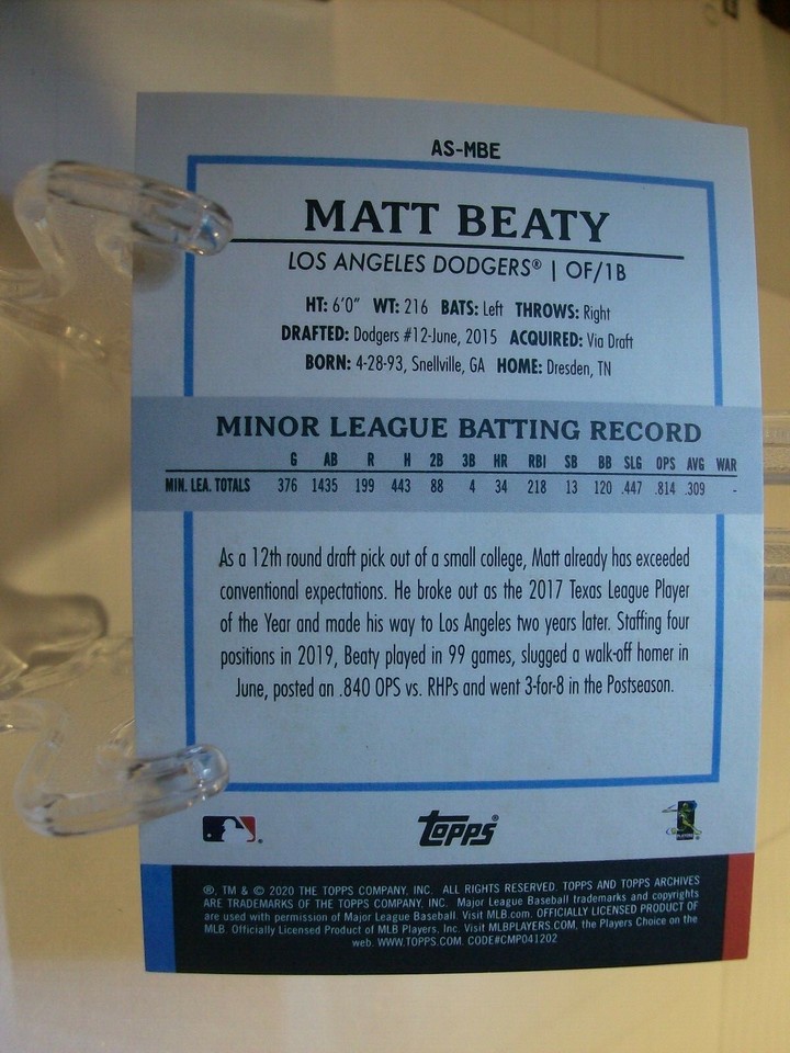 2020 Topps Archives Snapshots Baseball Card #AS-MBE Matt Beaty (70022 ...