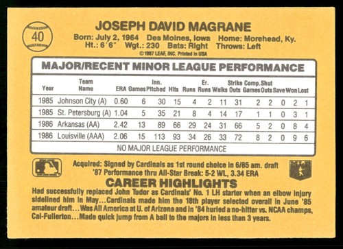 Joe Magrane 1987 Donruss The Rookies St. Louis Cardinals #40 Near Mint ...