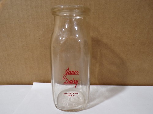 RARE Janes Dairy ACL Half Pint Cream Milk Bottle Belle Plaine Iowa THIS ...