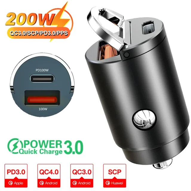 Mini PD QC Fast Charging 200W Car Charger USB C Car Phone Charger Pull ...