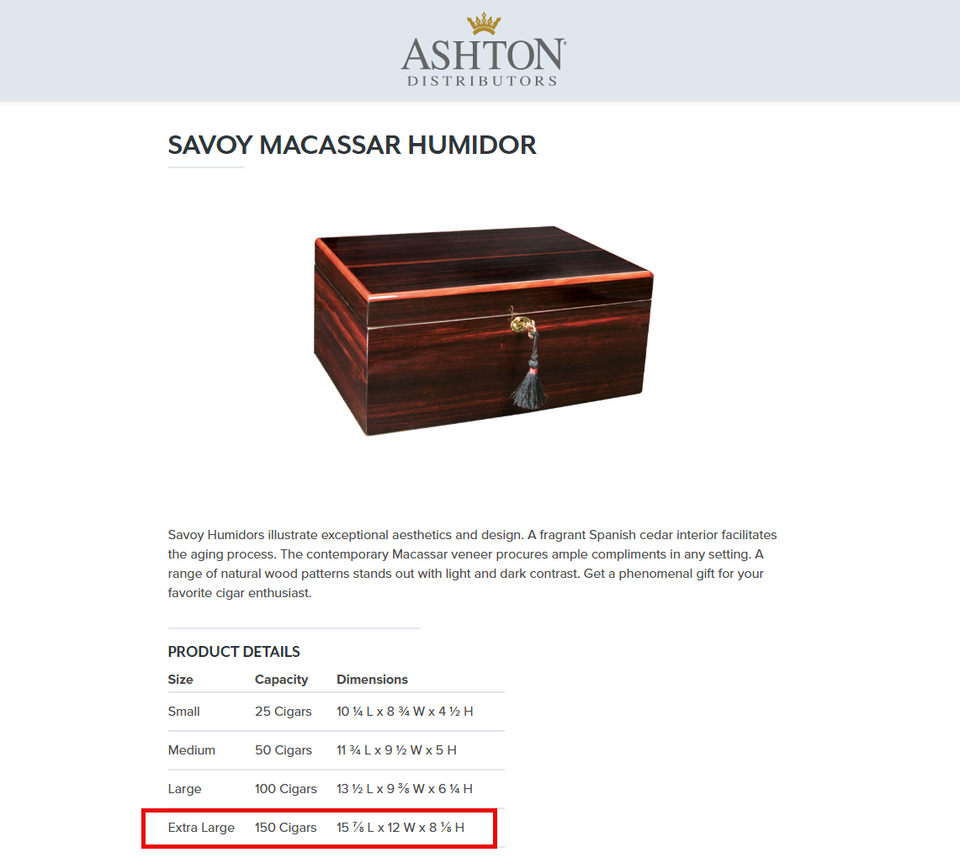 Ashton / Savoy Macassar Extra Large Humidor - Holds 150 Cigars - New in ...