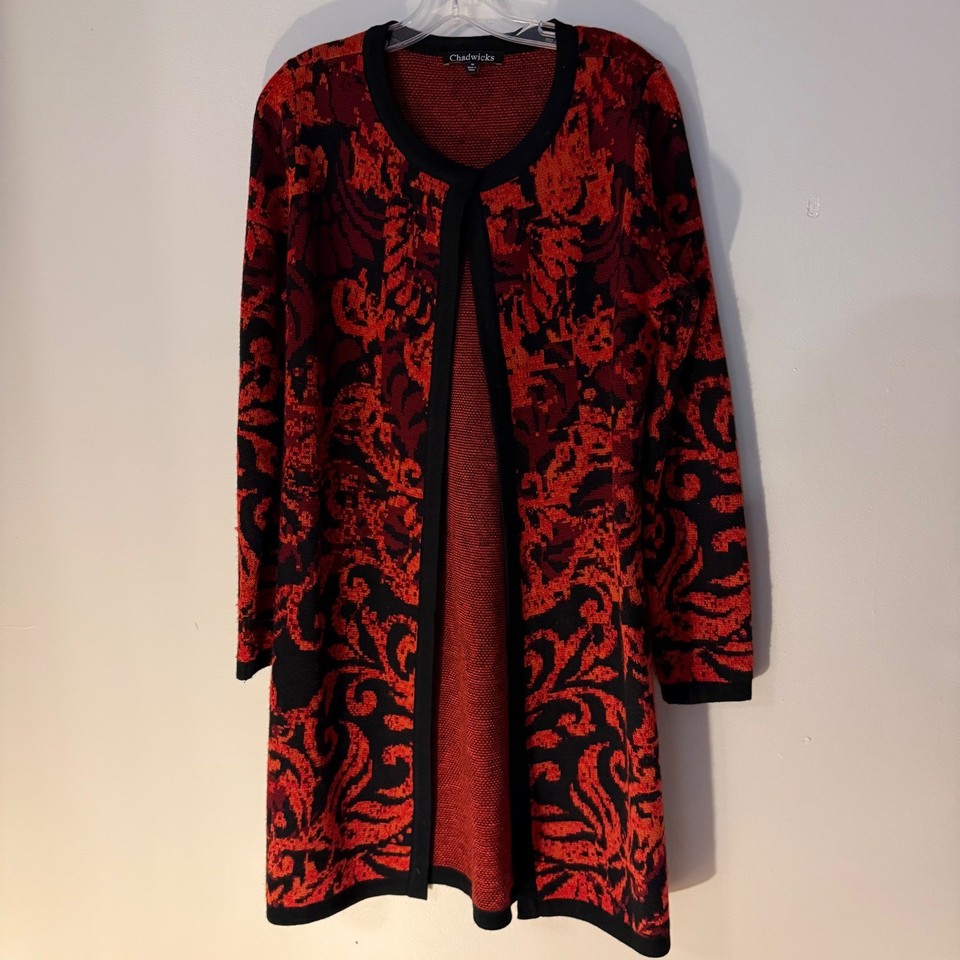 Chadwicks Red & Black Jacquard Knit Open Front long Cardigan – Size M ...