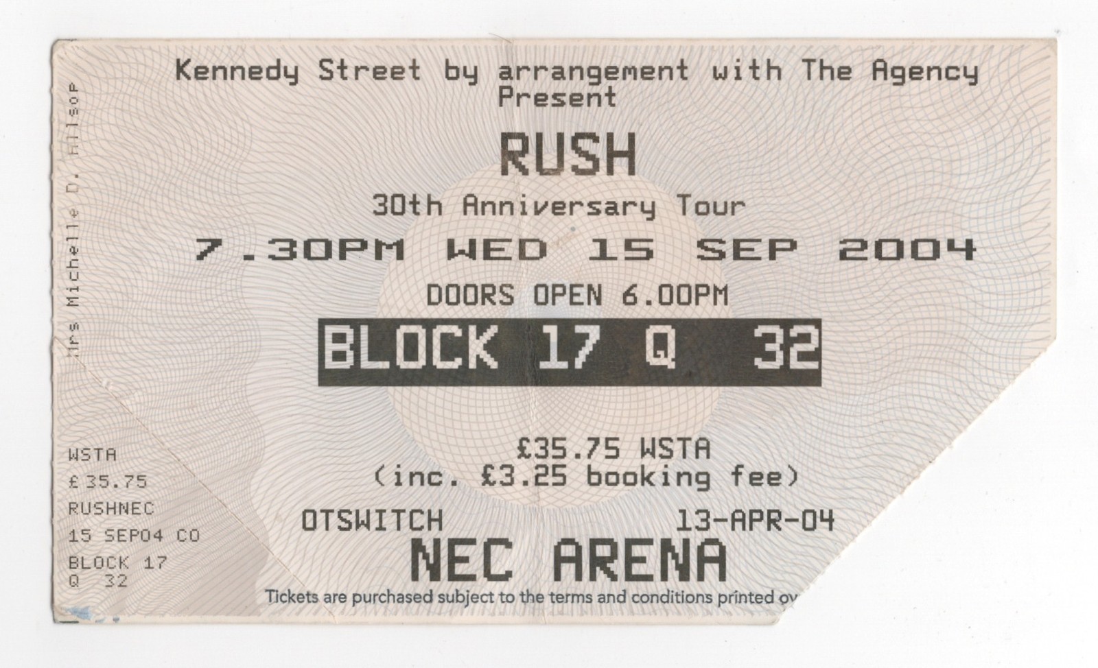 Rush the band 9/15/04 Birmingham UK NEC Arena Ticket Stub! | eBay
